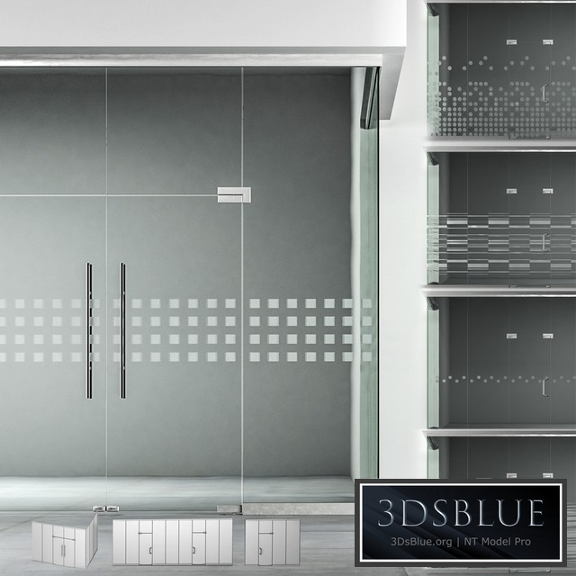 A set of glass partitions with sandblasting patterns.