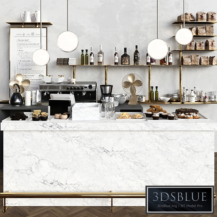 A modern cafe with a marble counter and desserts. Coffee house, cake