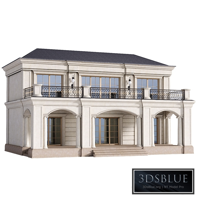 The facade of a private house in modern light classics. Fasad set cont