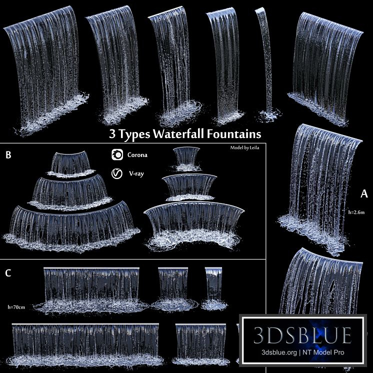 3 types of waterfall Fountains cascade in different sizes