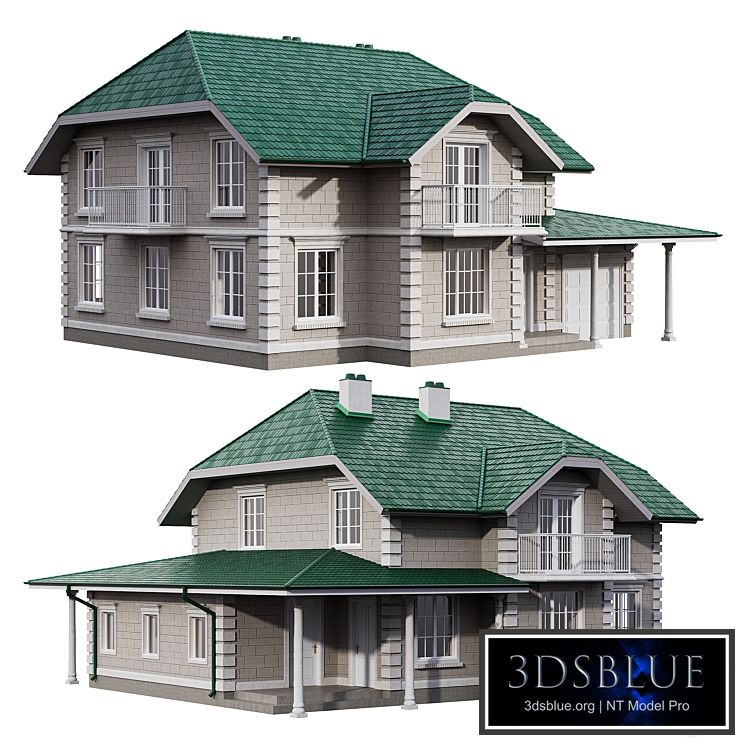 Two-story house in a classic style with facade stucco and columns